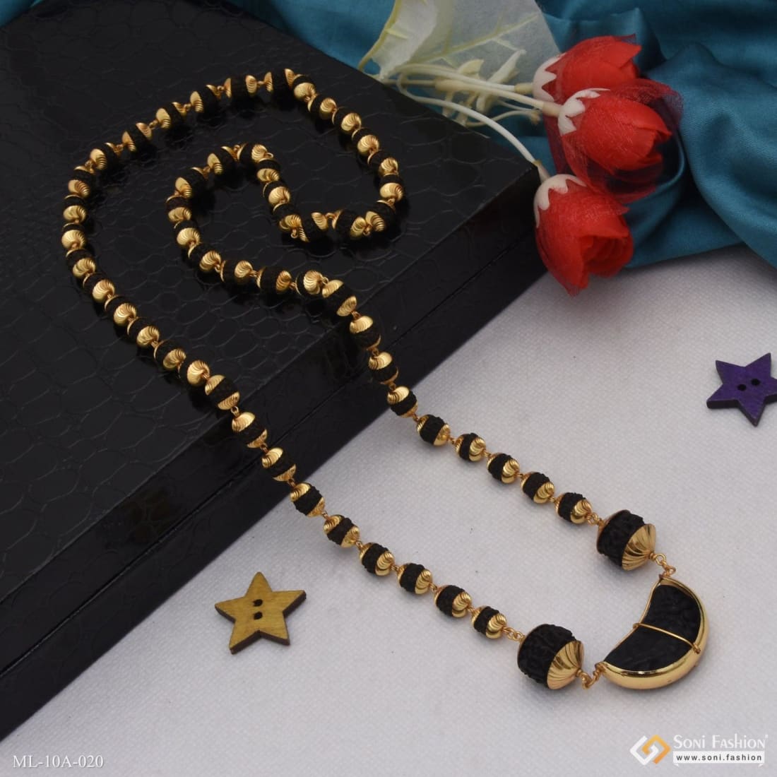 Three big beads rudraksha etched design gold plated mala for men ...