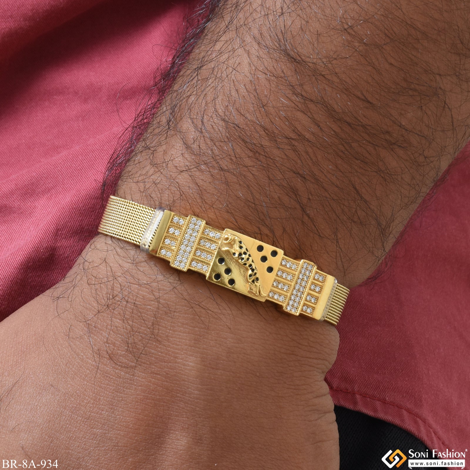 Emboss Jaguar with Diamond lines Gold Plated Stainless Steel Bracelet ...