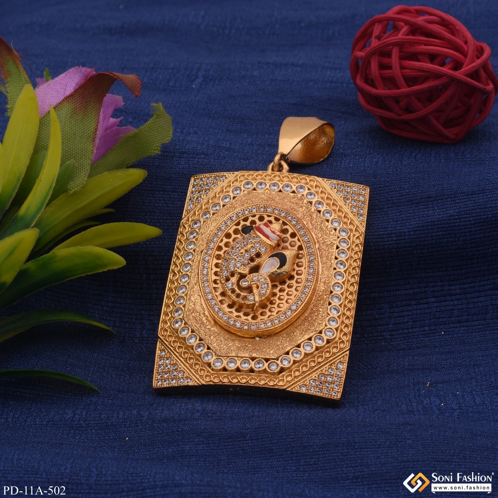 Ganesha in Round With Diamond Rectangle Gold Plated Pendant For Men ...